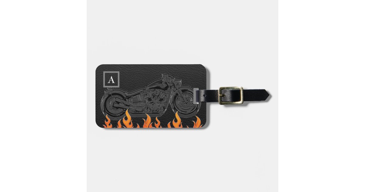 Black Leather Orange Flames Hot Fire Motorcycle Luggage Tag | Zazzle