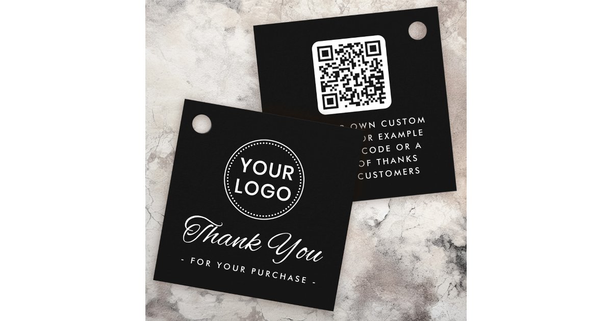 Black logo QR code order thank you hang tags | Zazzle