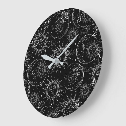 Black Magic Vintage Celestial Sun Moon Stars Large Clock | Zazzle