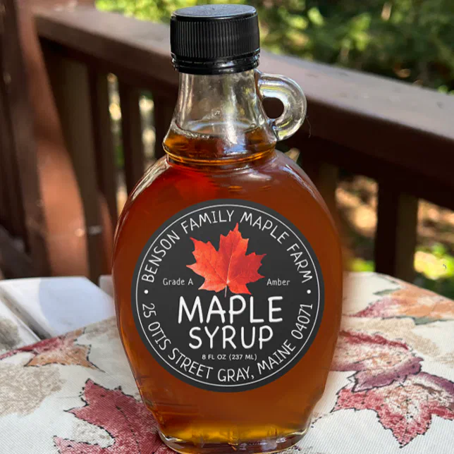 Black Maple Syrup Label with Red Sugar Maple Leaf | Zazzle