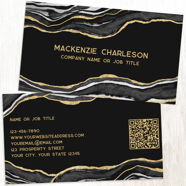 Black Marble Agate Geode Gold Glitter QR Code Business Card | Zazzle