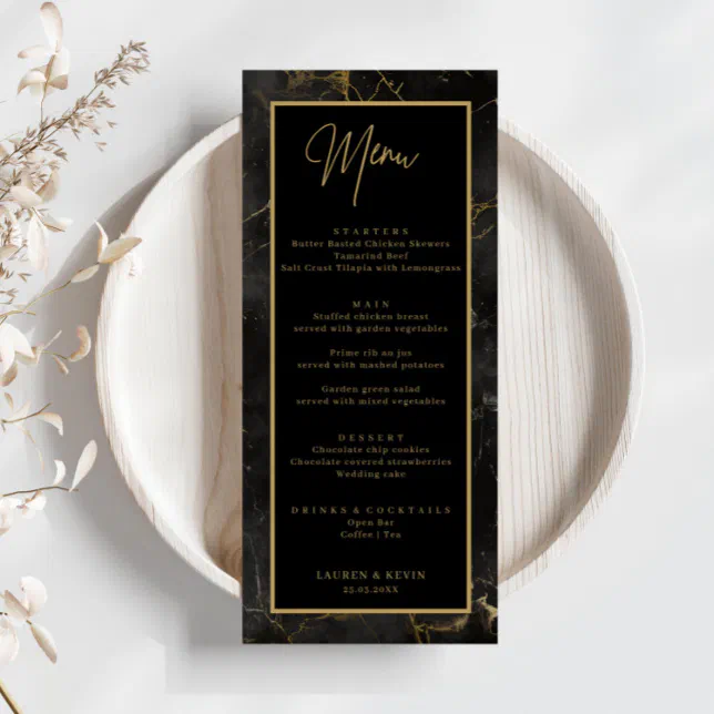 Black marble agate gold border Wedding Menu Card | Zazzle