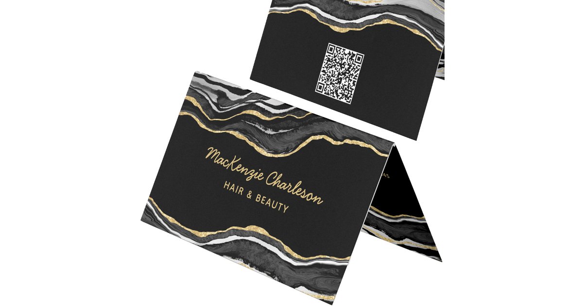 Black Marble Agate Gold Glitter QR Code Business Card | Zazzle