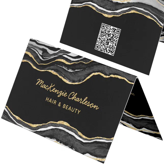Black Marble Agate Gold Glitter QR Code Business Card | Zazzle