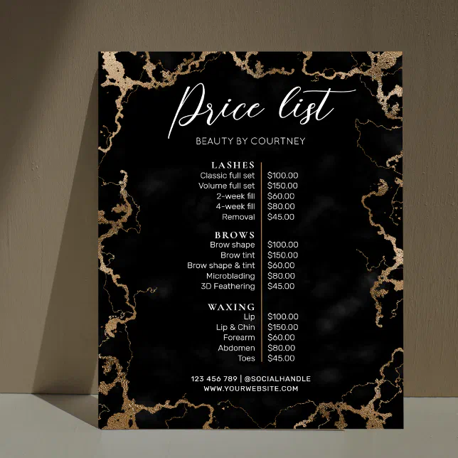 Black Marble & Gold Elegant Business Price List Poster | Zazzle