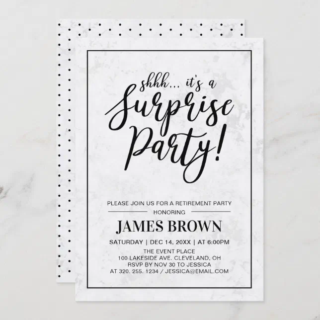 Black & Marble | Modern Surprise Retirement Party Invitation | Zazzle