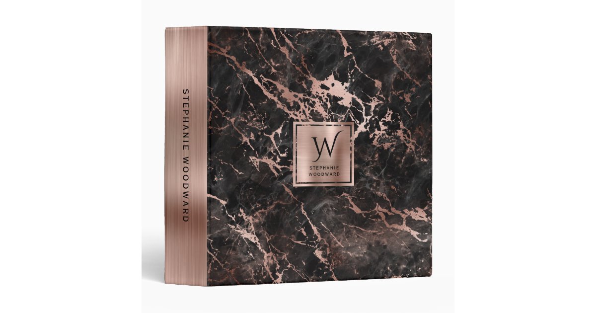 Black Marble Rose Gold Monogram 3 Ring Binder | Zazzle