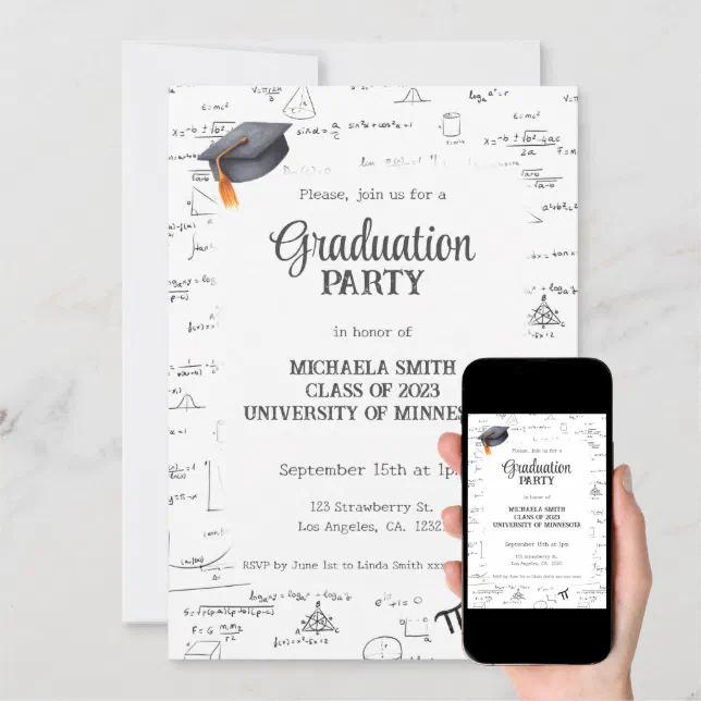 Black Mathematics Graduation Cap Invitation | Zazzle