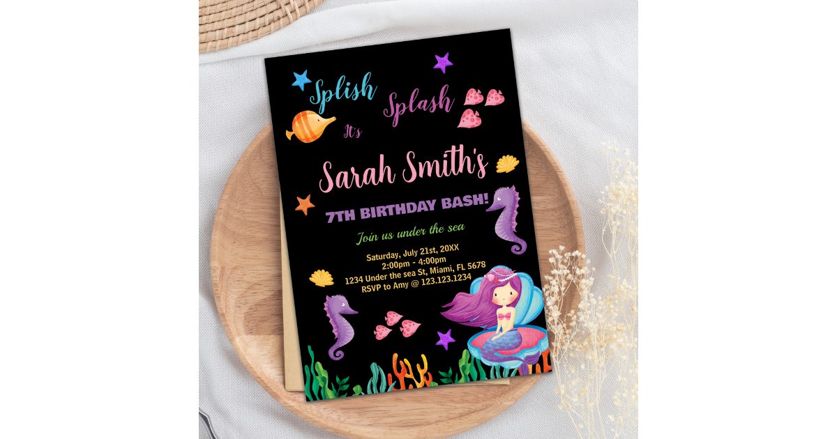 Black Mermaid Sit on Purple Shell Invitations | Zazzle