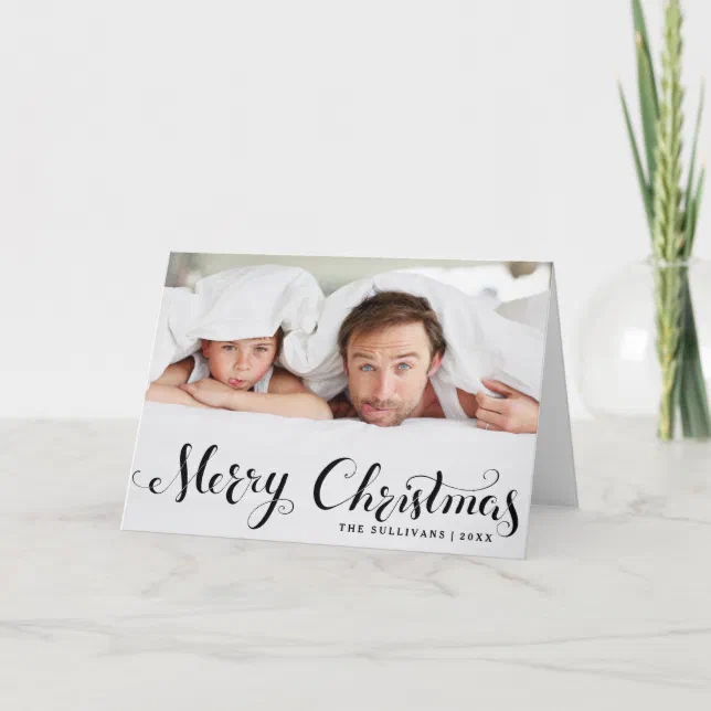 Black Merry Christmas Script Holiday Photo Card | Zazzle