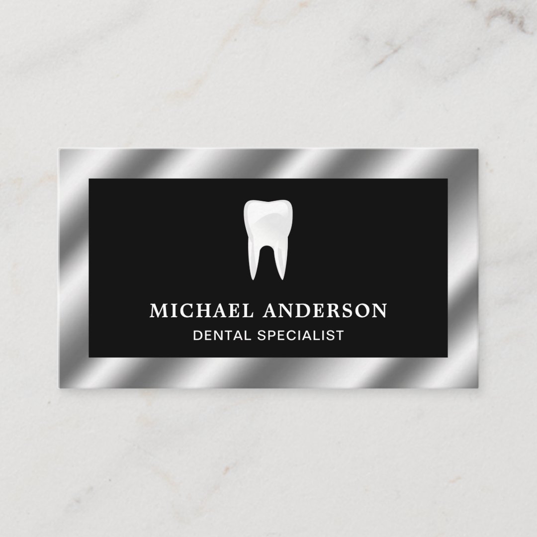 Black Metallic Steel Tooth Dental Clinic Dentist Business Card | Zazzle