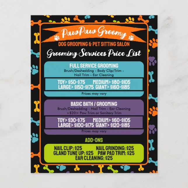 Black Minimal modern Paws Dog Grooming Price List Flyer | Zazzle