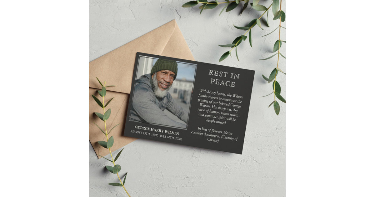 Black Minimal Photo Rest In Peace Announcement | Zazzle