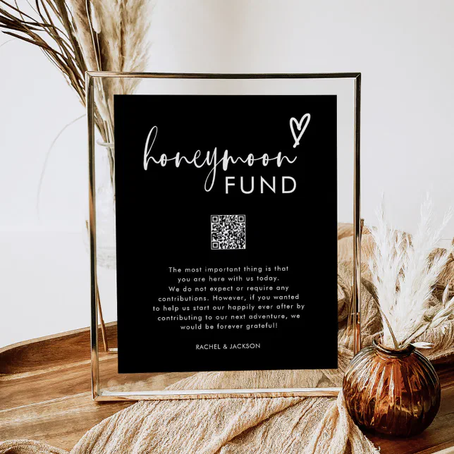 Black Minimal QR Code Wedding Honeymoon Fund Poster | Zazzle
