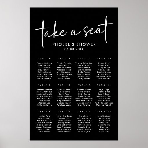 Black Minimalist Bridal Shower Seating Chart | Zazzle