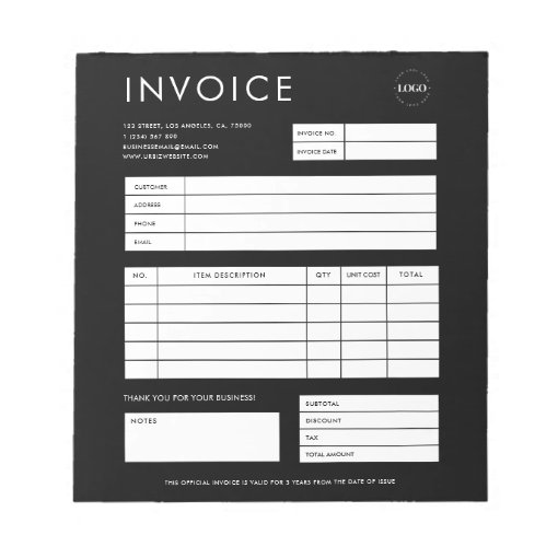 Black Minimalist Custom Small Business Invoice Notepad | Zazzle