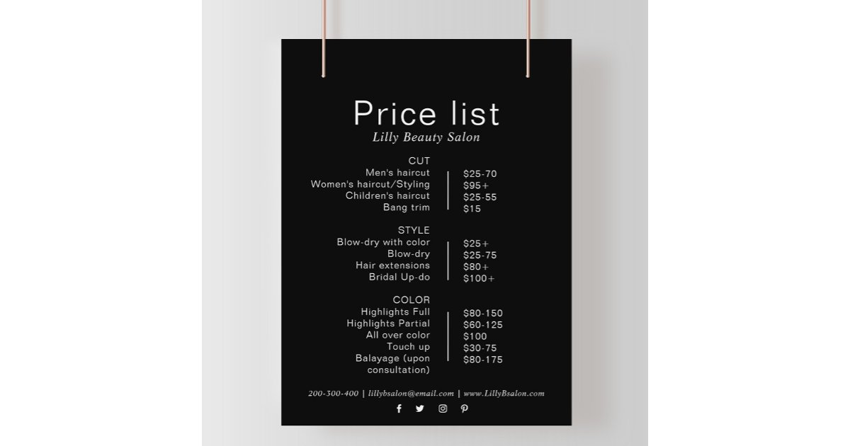 Black Minimalist Formal Beauty Salon Price List | Zazzle