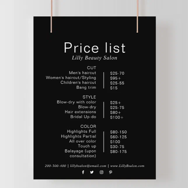 Black Minimalist Formal Beauty Salon Price List | Zazzle