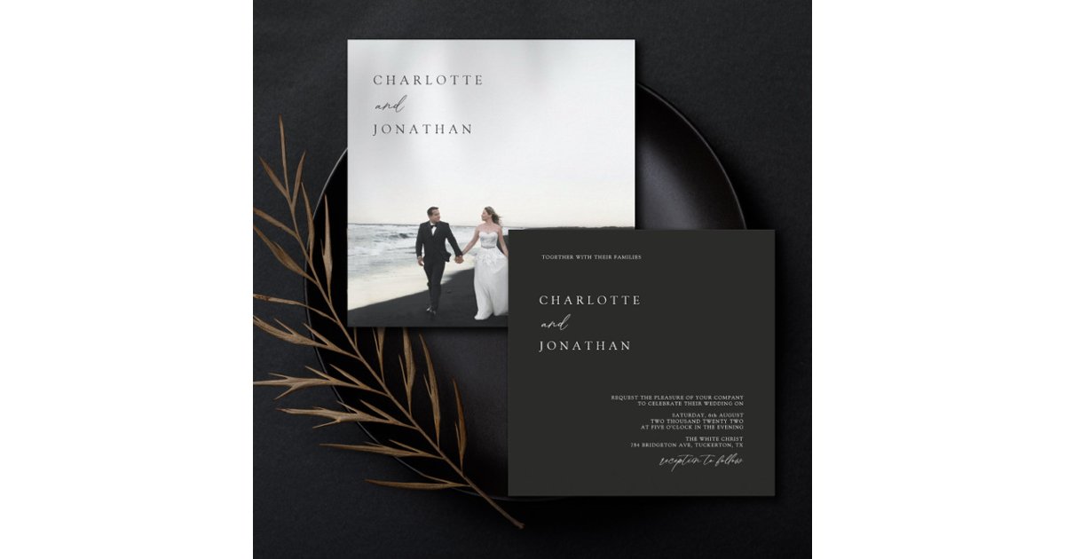 Black Minimalist Modern Photo Square Wedding Invitation | Zazzle