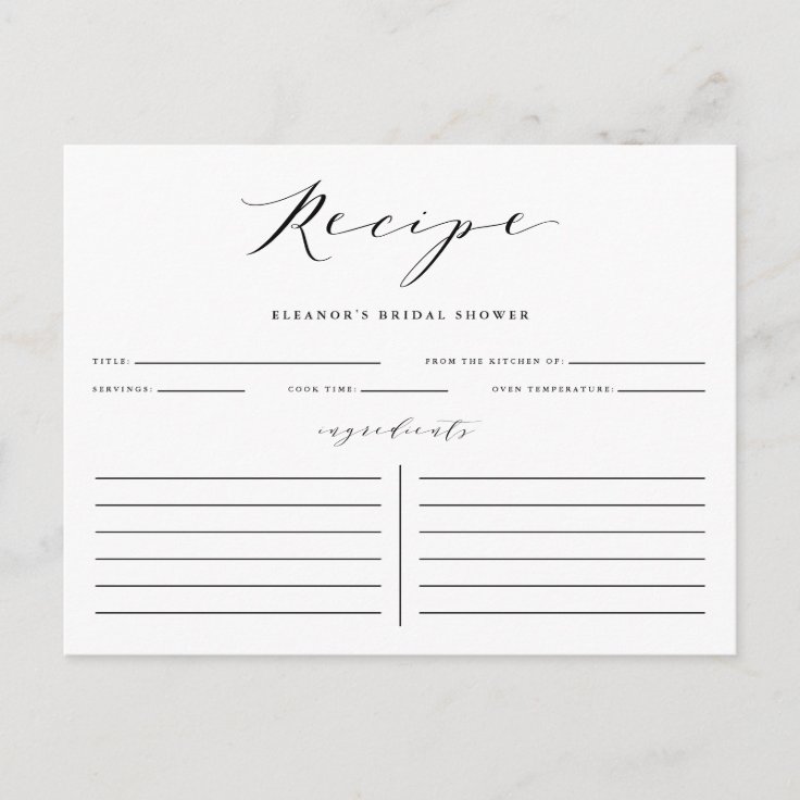 Black Minimalist Script Bridal Shower Recipe Card | Zazzle