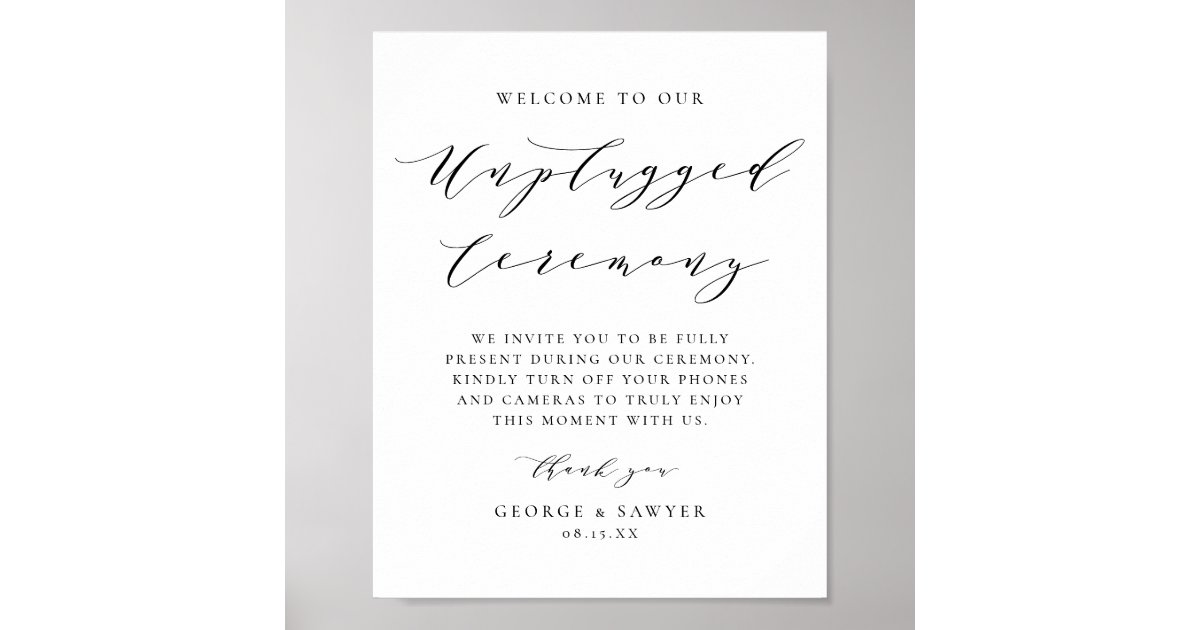 Black Minimalist Script Unplugged Wedding Ceremony Poster | Zazzle