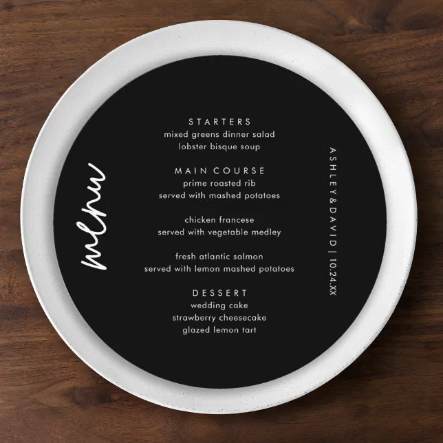Black Minimalist Wedding Unique Circle Menu Cards | Zazzle