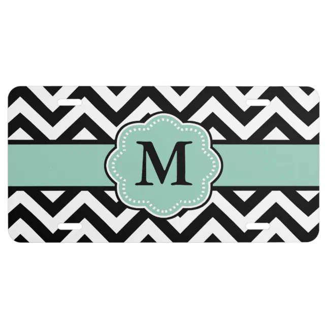 Black Mint Green Chevron Monogram License Plate | Zazzle