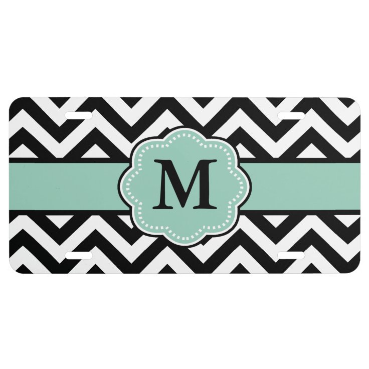 Black Mint Green Chevron Monogram License Plate | Zazzle