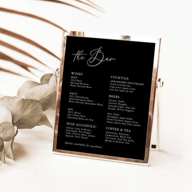 Black Modern Calligraphy Wedding Bar Menu | Zazzle