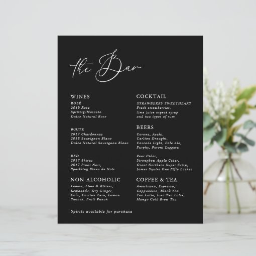 Black Modern Calligraphy Wedding Bar Menu | Zazzle