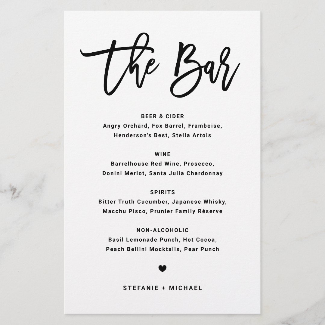 Black Modern Calligraphy Wedding Bar Menu Card | Zazzle