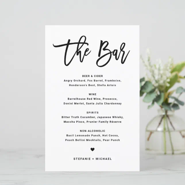 Black Modern Calligraphy Wedding Bar Menu Card | Zazzle