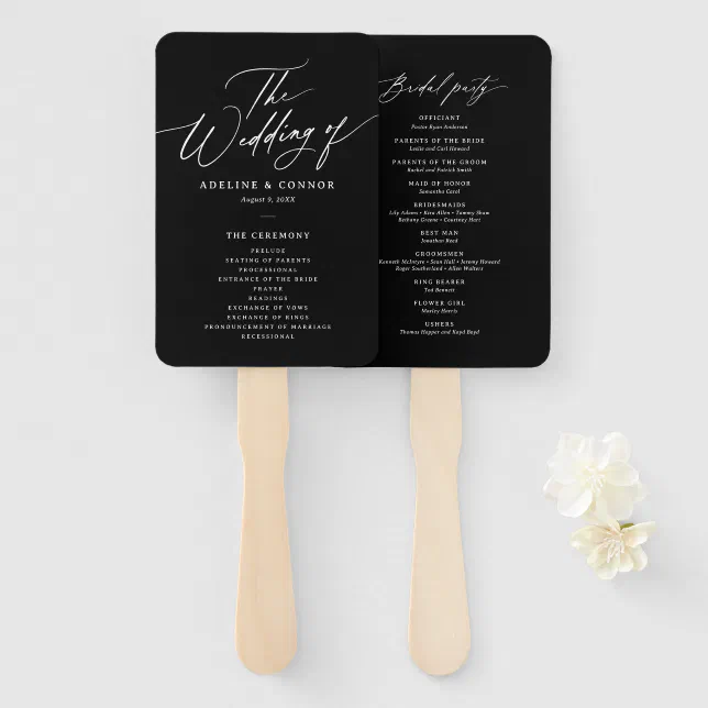 Black Modern Calligraphy Wedding Program Hand Fan | Zazzle