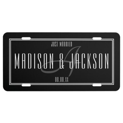 Black Modern Couple Name Monogram Just Married License Plate | Zazzle