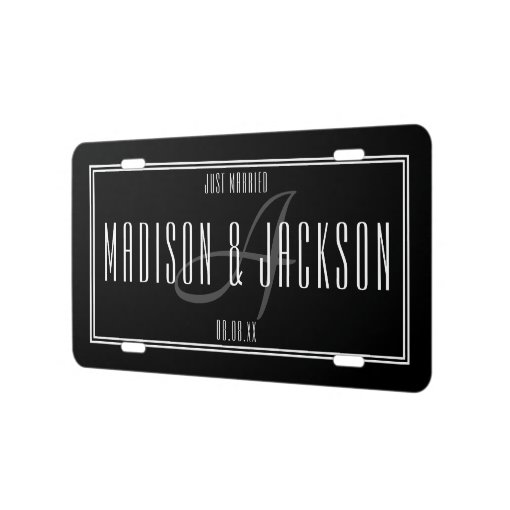 Black Modern Couple Name Monogram Just Married License Plate | Zazzle