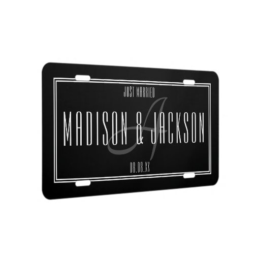 Black Modern Couple Name Monogram Just Married License Plate | Zazzle