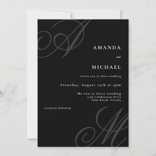 Black Modern Edge Elegant Minimal Monogram Wedding Invitation | Zazzle