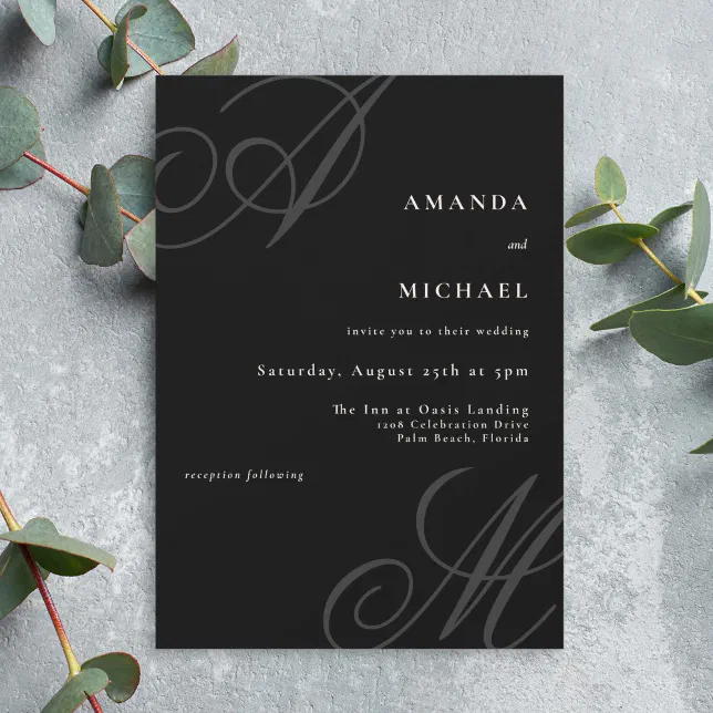 Black Modern Edge Elegant Minimal Monogram Wedding Invitation | Zazzle