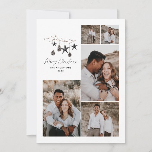 Black modern elegant script Christmas multi photo Holiday Card | Zazzle
