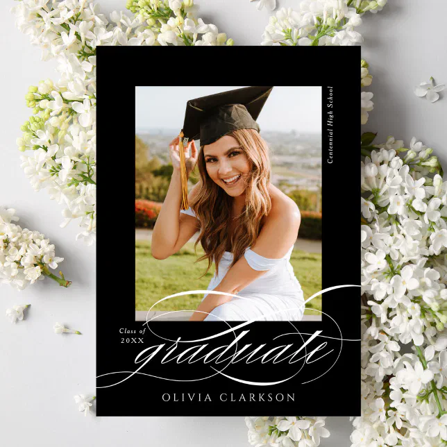 Black Modern Elegant Script Photo Graduation Announcement | Zazzle