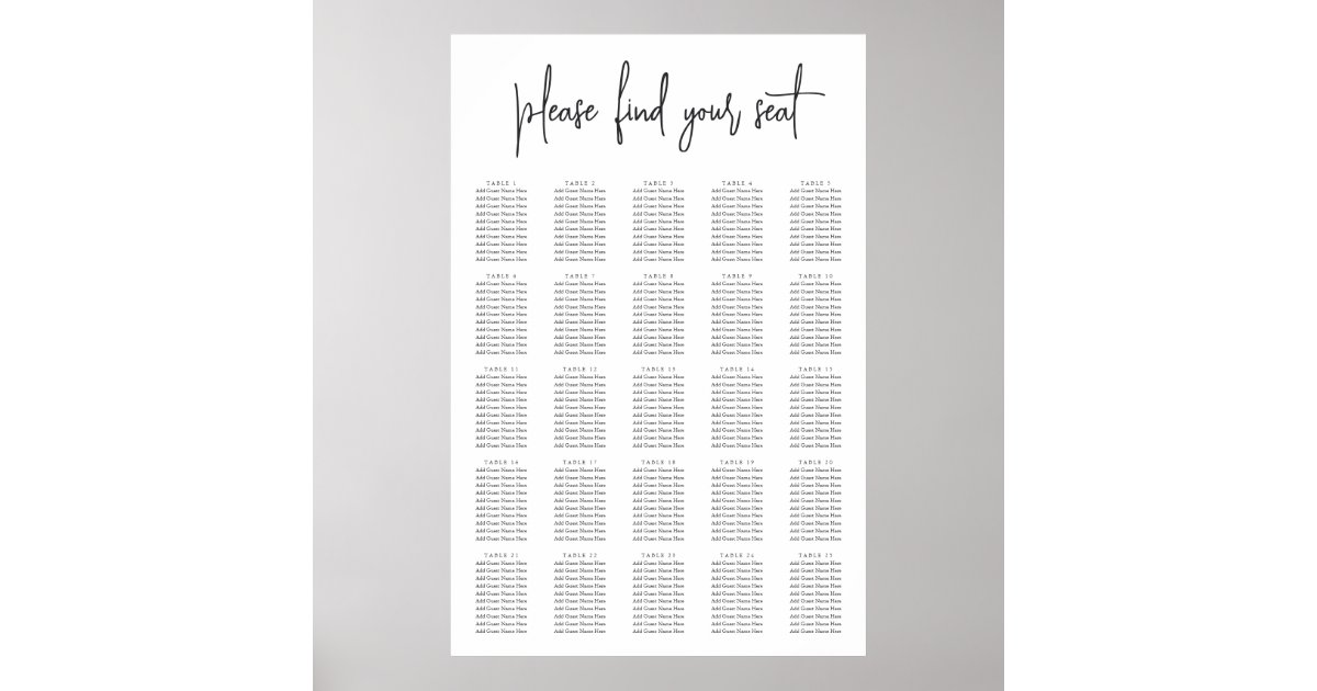 Black Modern Handwritten XL Wedding Seating Chart | Zazzle