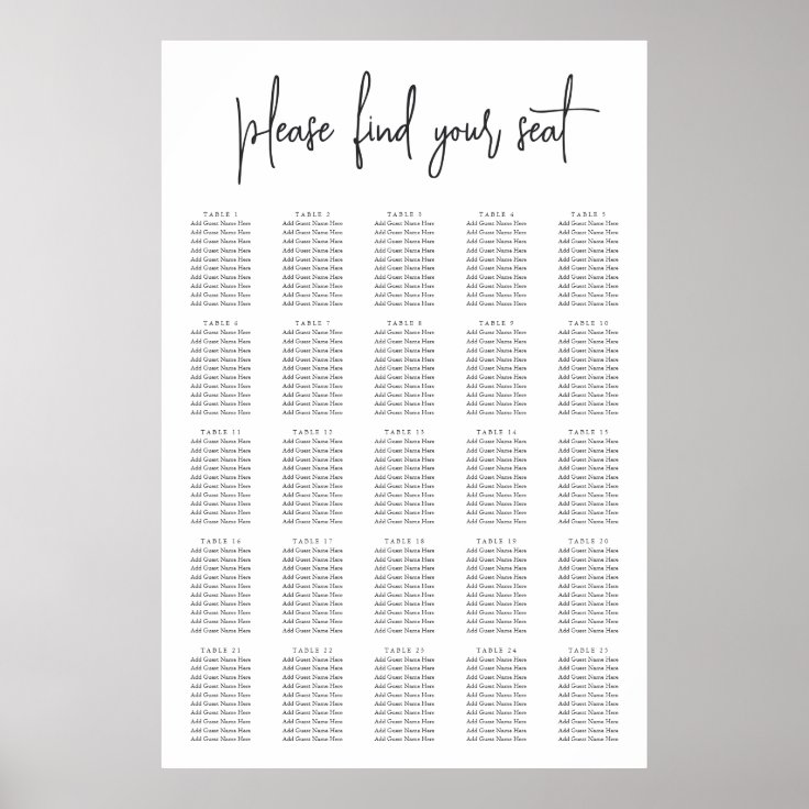 Black Modern Handwritten XL Wedding Seating Chart | Zazzle