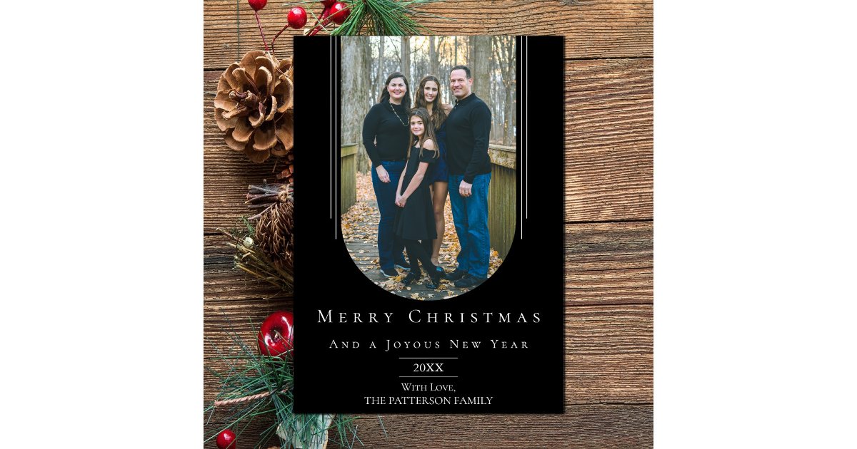 Black Modern Inverted Boho Arch Holiday Photo Card | Zazzle