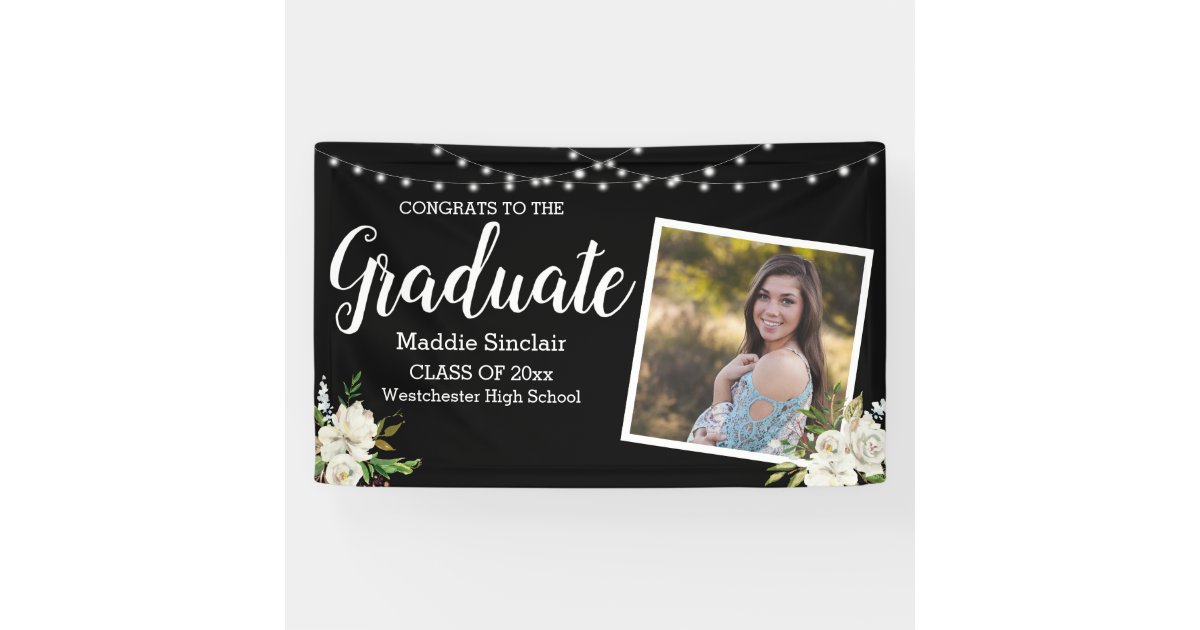 Black Modern Photo Floral String Lights Graduation Banner | Zazzle