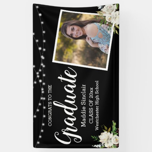 Black Modern Photo Floral String Lights Graduation Banner | Zazzle