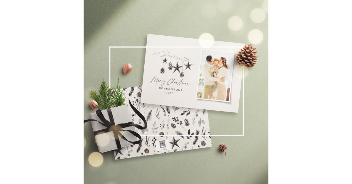 Black modern scandi elegant script Christmas photo Holiday Card | Zazzle