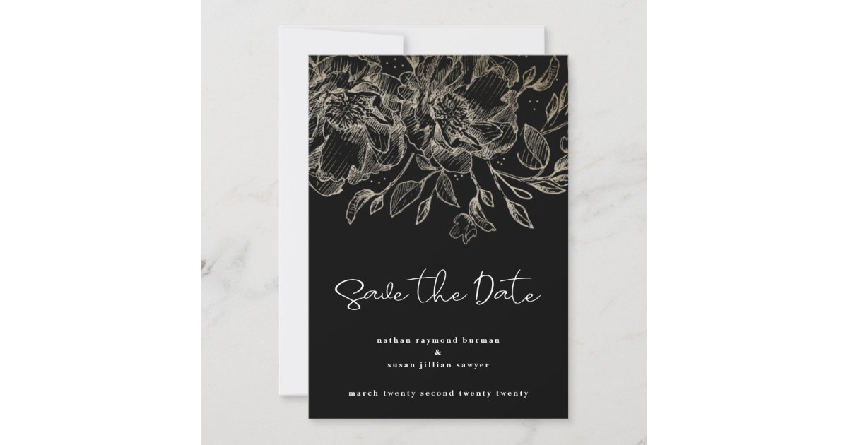 black modern script gold florals save the date | Zazzle