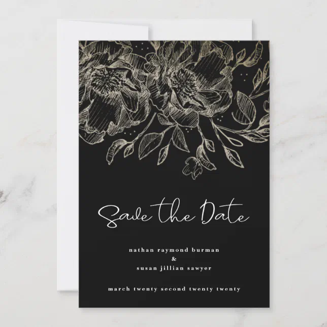 black modern script gold florals save the date | Zazzle