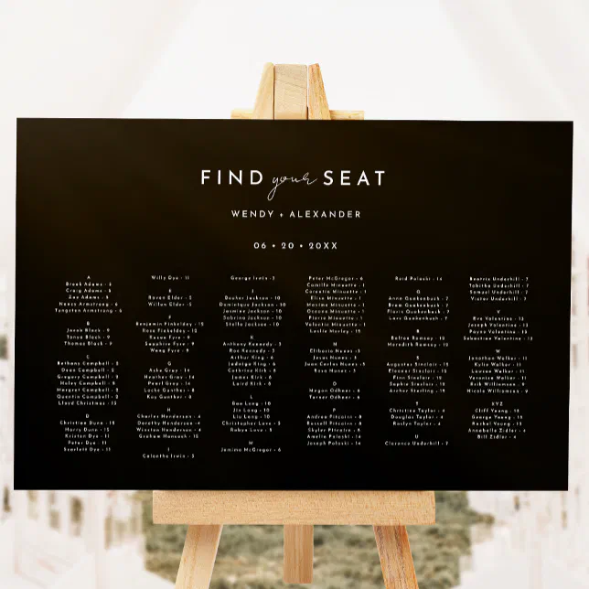 Black Modern Script Horizontal Seating Chart Foam Board | Zazzle