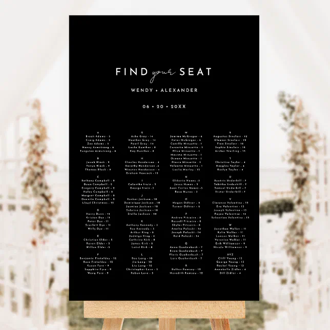 Black Modern Script Wedding Vertical Seating Chart Foam Board | Zazzle